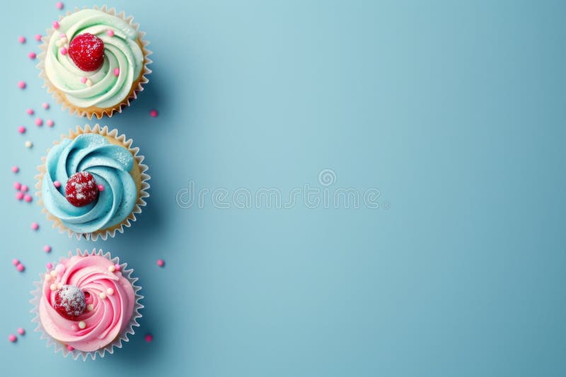 Pastel Cupcakes with Raspberry Toppings on Blue Background. Stock Photo ...