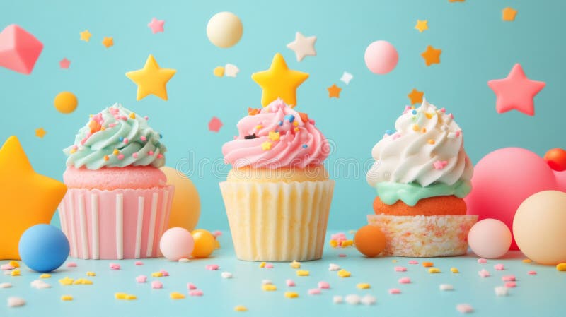 Pastel Cupcakes with Sprinkles and Balloons on Blue Background Stock Illustration - Illustration ...
