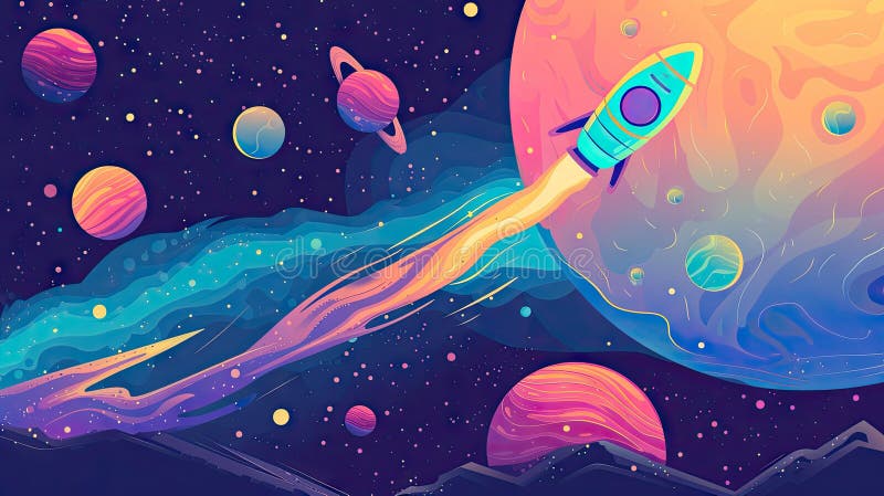 Pastel Cute Abstract Background of Galaxy Planet and Rocket Stock ...