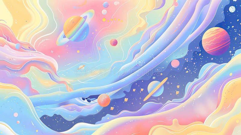 Pastel Cute Abstract Background of Galaxy Planet and Rocket Stock ...