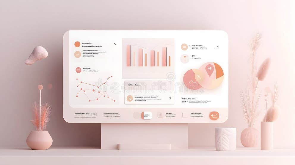 Pastel Data Charts on Computer Screen with Minimalist Decor Stock ...