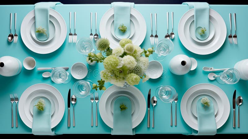 Pastel Dinner Table Setup with Spring Flowers. Blue Colors. Top View ...