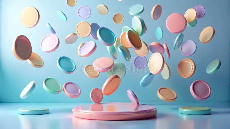 Pastel Discs Falling Onto a Glossy Platform an Abstract Display of ...