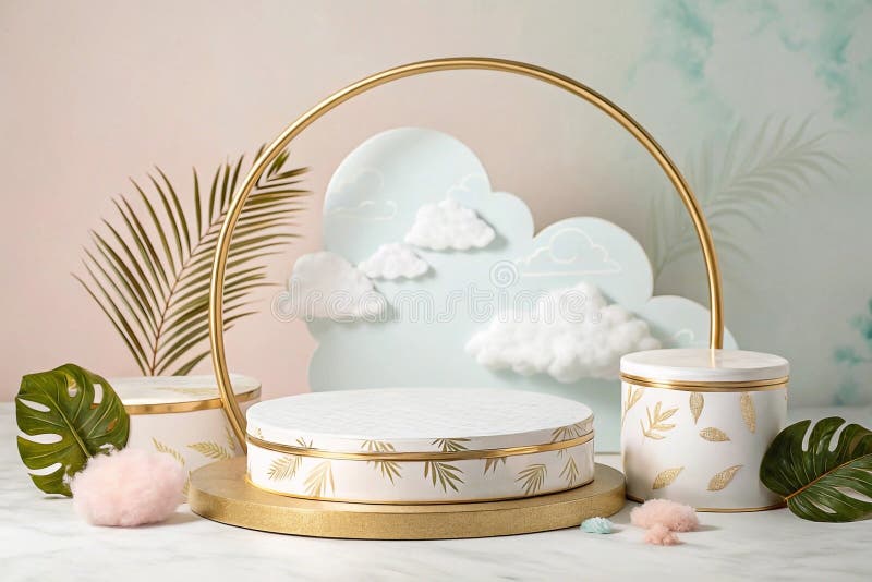 Pastel Display Stand, Tropical Leaves, Cloud Backdrop, Marble Surface ...