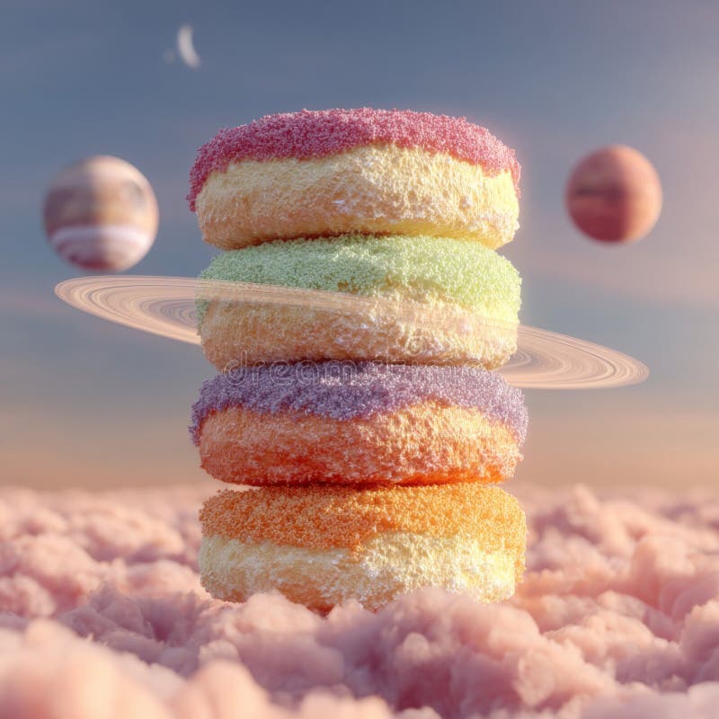 Pastel Donuts Stacked in a Dreamy Space Scene Stock Illustration ...