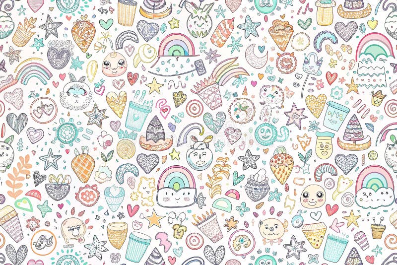 Pastel Doodle Pattern of Cute Objects on White Background Stock ...