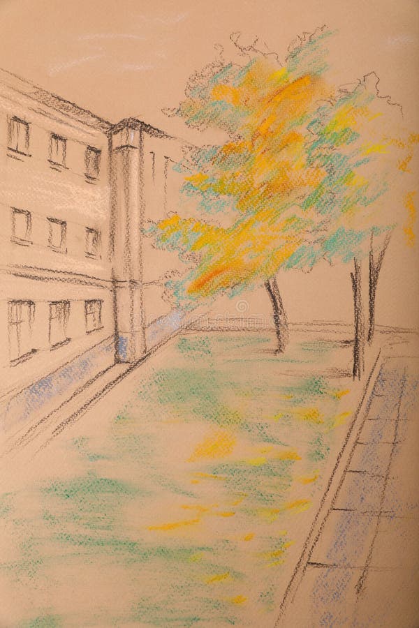 Pastel Drawing of Building and Trees on Beige Paper Stock Illustration ...