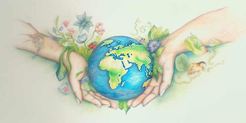 Pastel Drawing Planet Earth in Hands with Flowers. AI Generated. Stock ...