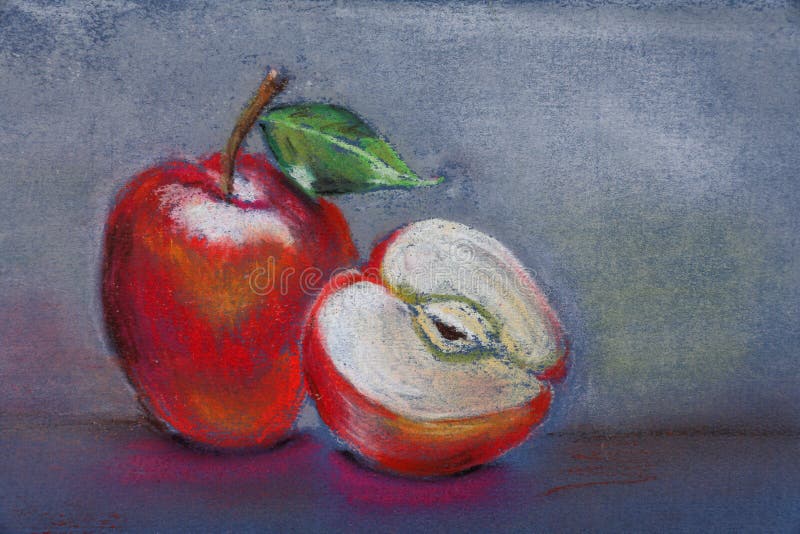 Pastel Drawing of Whole and Cut Red Apples on Color Background Stock ...