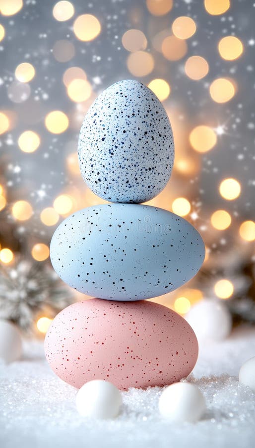 Pastel Dreams Three Speckled Easter Eggs Stacked on Snow with Sparkling ...