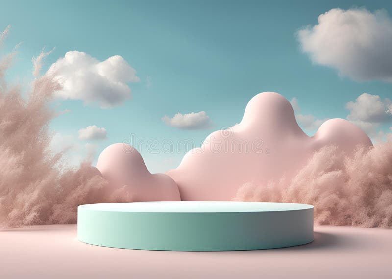 Pastel Dreamy Product Display Platform Sky Clouds and Fluffy Plants ...