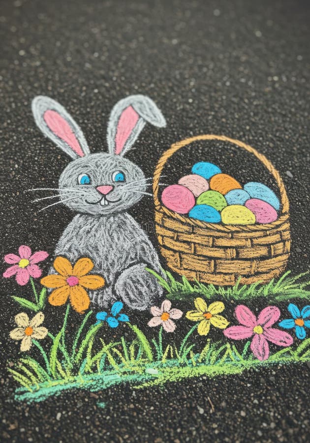 Pastel Easter Bunny Chalk Drawing on Asphalt Stock Illustration ...