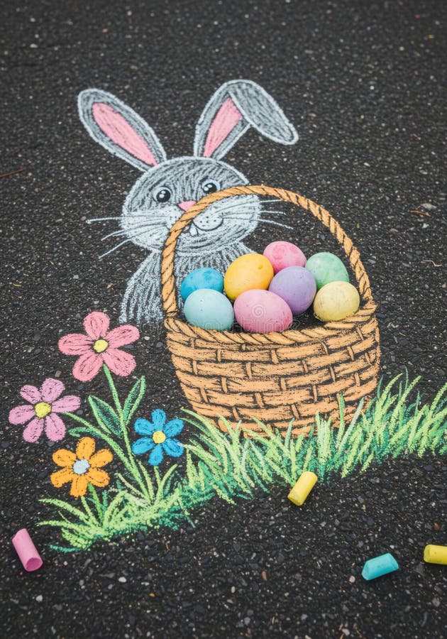 Pastel Easter Bunny Chalk Drawing on Asphalt Stock Illustration ...