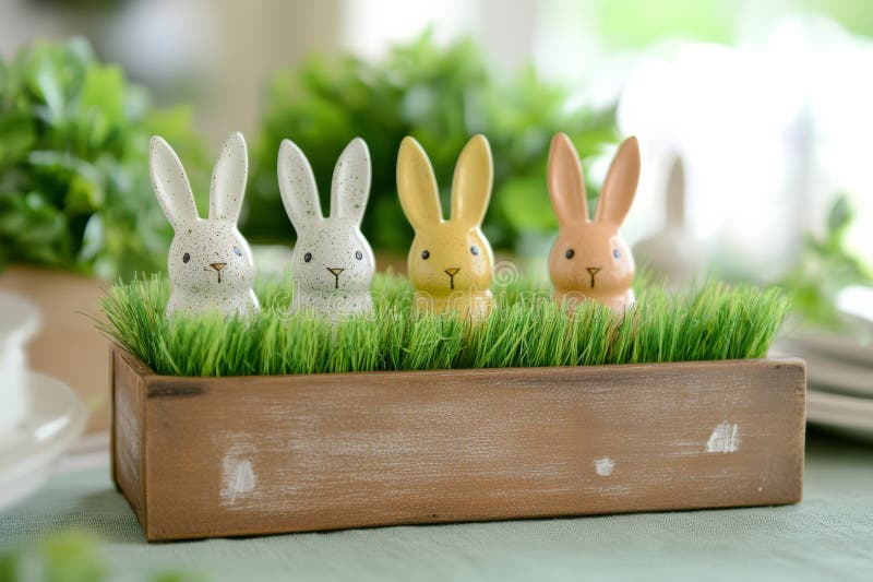 Pastel Easter Bunny Decorations in Wooden Box with Grass on White ...