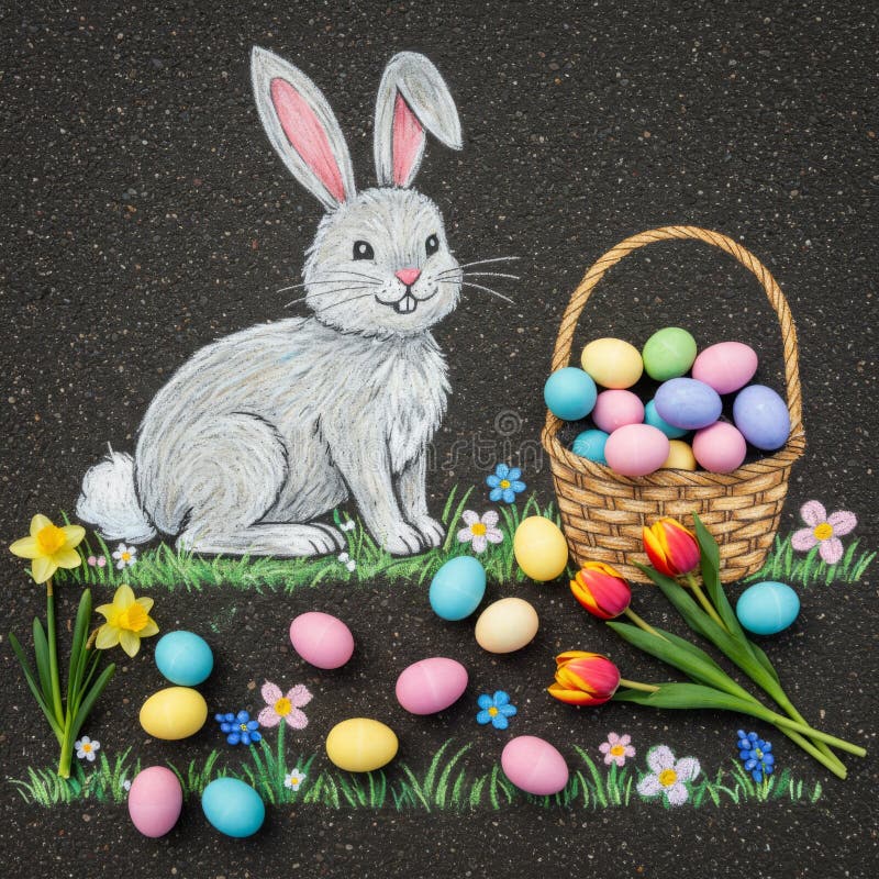 Cute Chalk Drawing Easter Bunny Flowers Stock Photos - Free & Royalty ...