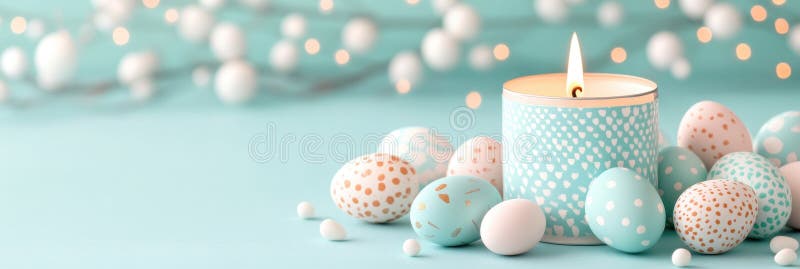 Pastel Easter Candle with Decorated Eggs on a Soft Blue Background ...