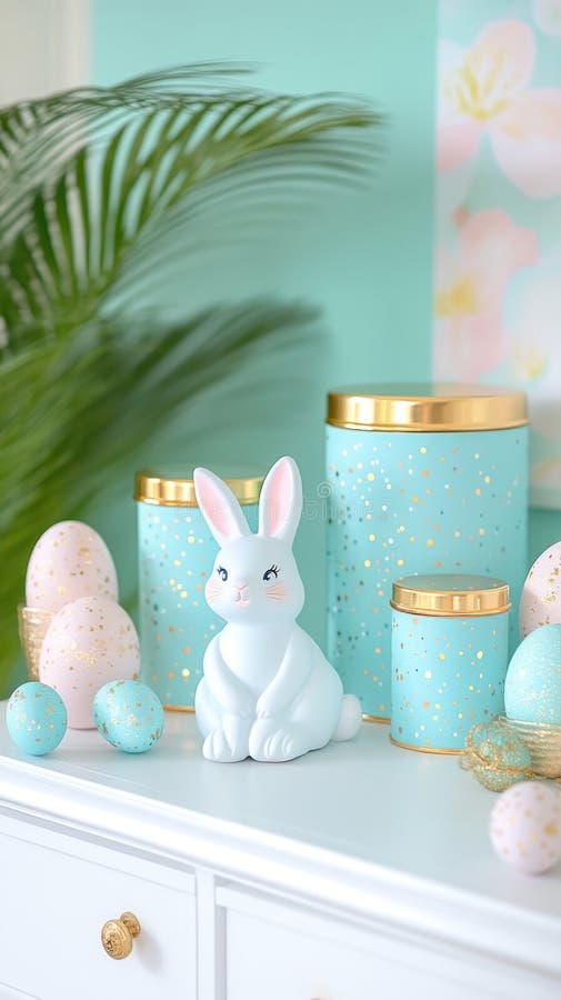 Pastel Easter Decor with Bunny Figurine and Painted Eggs on Mint Green ...
