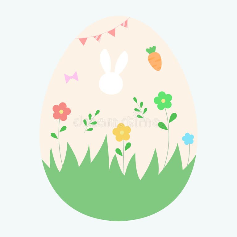 Pastel Easter Egg Elements with Rabbit Shape, Flower, Bow, Branch, Carrot and Grass in Flat ...