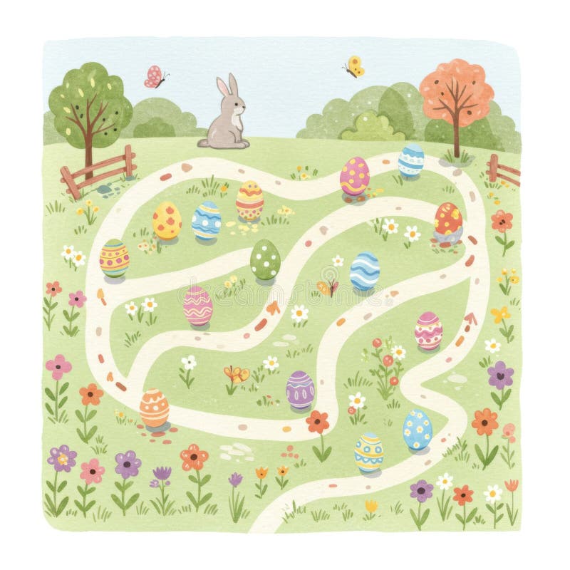 Pastel Easter Egg Maze with Bunny and Flowers Stock Illustration - Illustration of outdoor ...