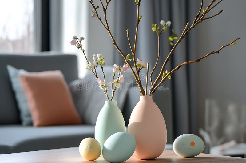 Pastel Easter Eggs and Blooming Branches in Vases on Table Stock Illustration - Illustration of ...