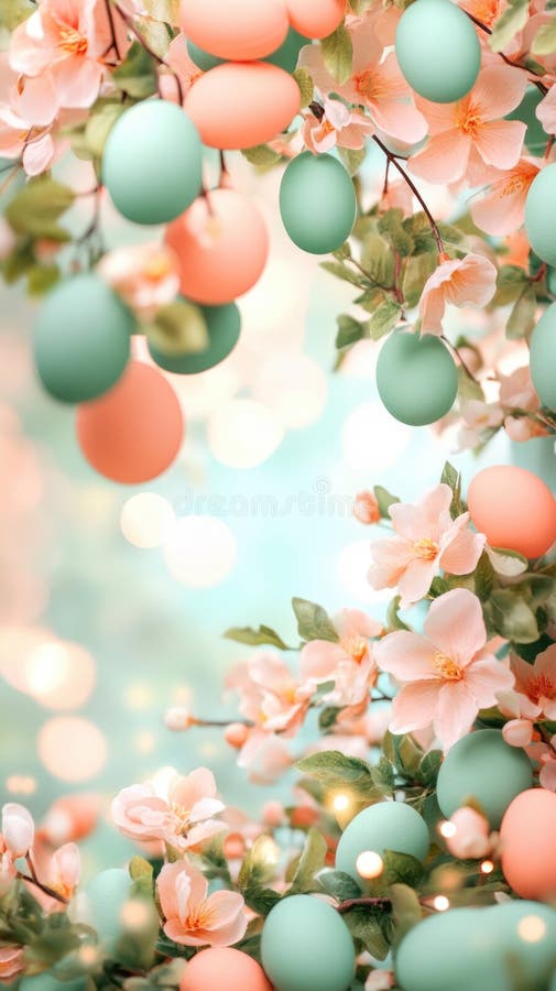 Pastel Easter Eggs and Blossoms on Light Background. Happy Easter Stock ...