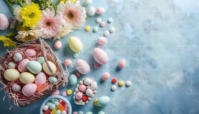Pastel Easter Eggs and Candy on Blue Background Stock Illustration ...