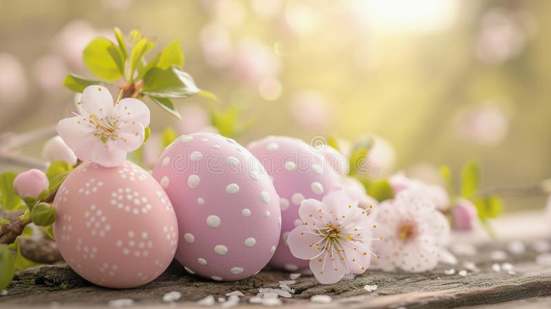 Pastel Easter Eggs and Cherry Blossoms. Easter Background Stock Photo ...