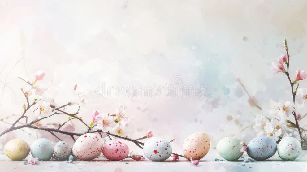 Pastel Easter Eggs and Cherry Blossoms in a Soft Spring Setting. Easter ...