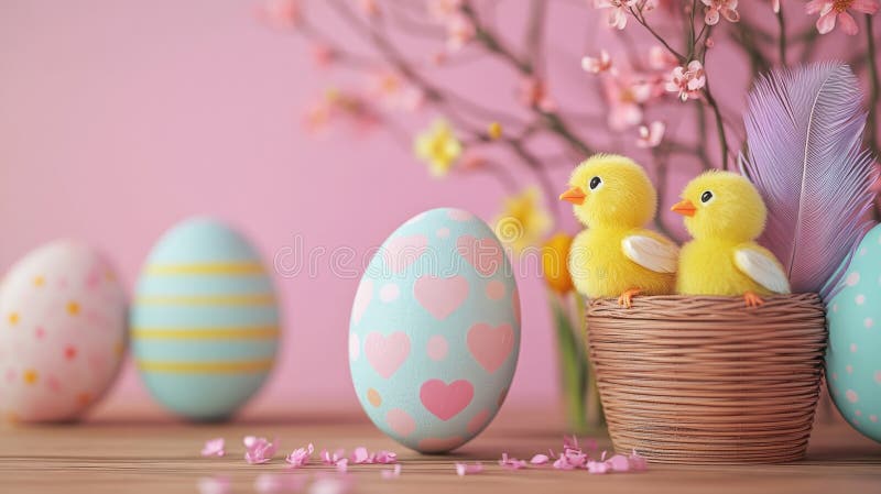Pastel Easter Eggs and Cute Chicks with Blossoms in Spring Setting Happy Easter Stock ...