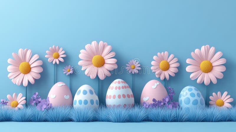 Pastel Easter Eggs and Daisies in Blue Grass Setting. Easter, Pascha ...