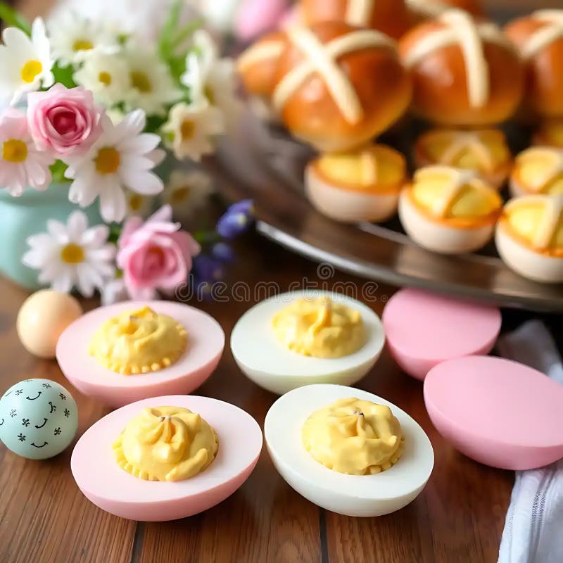 Pastel Easter Eggs Deviled with Yellow Filling and Hot Cross Buns Stock ...