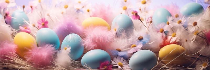 Pastel Easter Eggs with Feathers and Flowers Banner. Panoramic Web ...