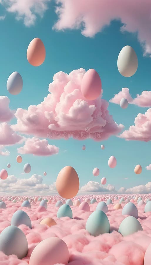 Pastel Easter Eggs Floating Above Pink Clouds and a Pastel Sky Stock ...