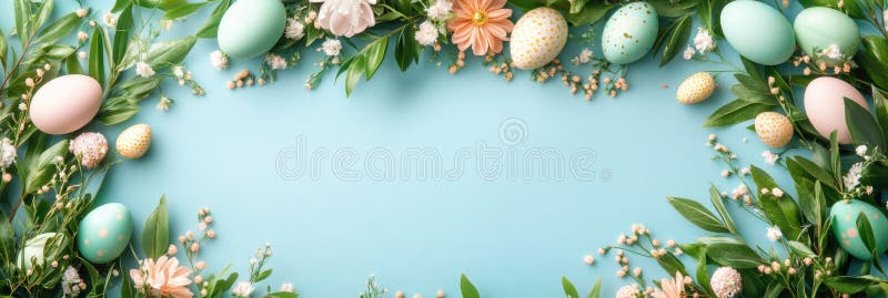 Pastel Easter Eggs and Flowers on Light Blue Background with Greenery ...