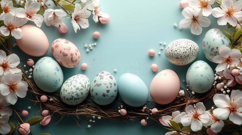 Pastel Easter Eggs with Gold and Speckled Designs Arranged on a Light ...
