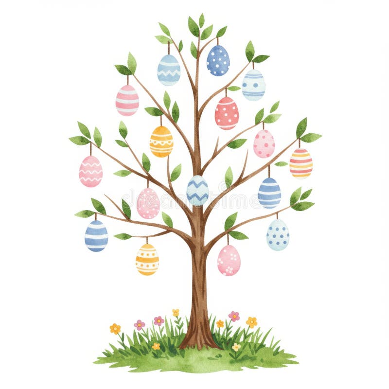 Pastel Easter Eggs Hanging from Spring Tree Stock Illustration ...