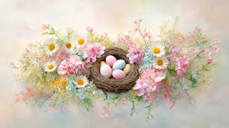 Pastel Easter Eggs in Nest Surrounded by Spring Flowers and Blossoms ...