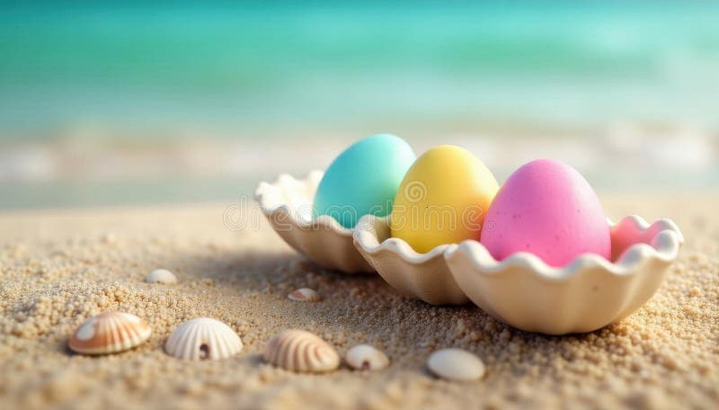Pastel Easter Eggs Nestled in Seashells on Sandy Beach, Colorful ...