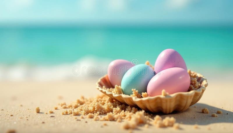 Pastel Easter Eggs Nestled in Seashells on Sandy Beach, Happy, Cute ...