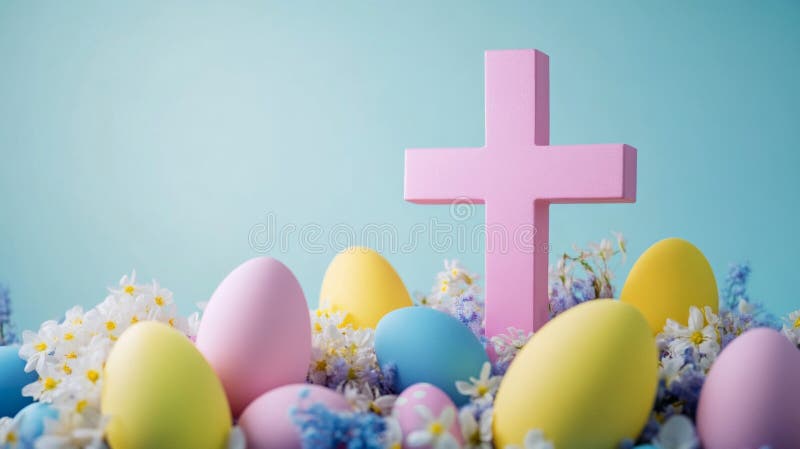 Pastel Easter Eggs and Pink Cross with Spring Flowers Stock ...