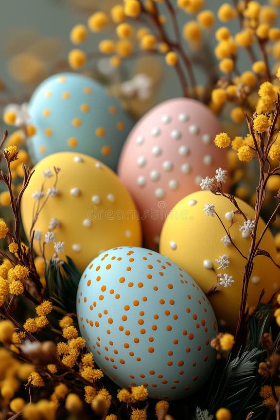 Pastel Easter Eggs with Raised Dot Patterns in Blue, Yellow, and Pink ...