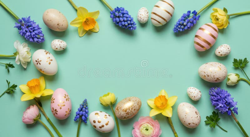 Pastel Easter Eggs Spring Flowers Border Mint Green Background Stock ...