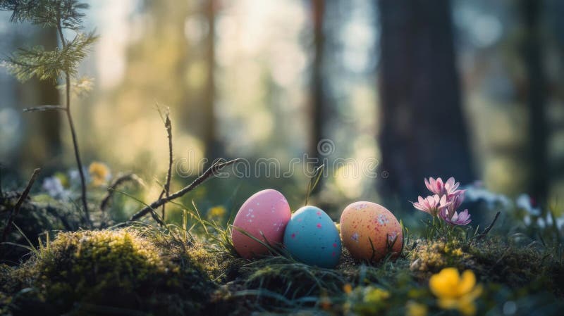 Pastel Easter Eggs in Spring Forest Setting Stock Illustration ...