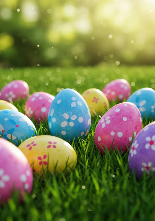 Pastel Easter Eggs in Sunny Green Grass Stock Illustration ...