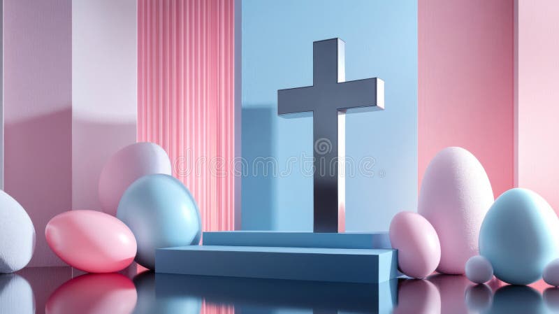 Pastel Easter Eggs Surround a Silver Cross Stock Illustration ...