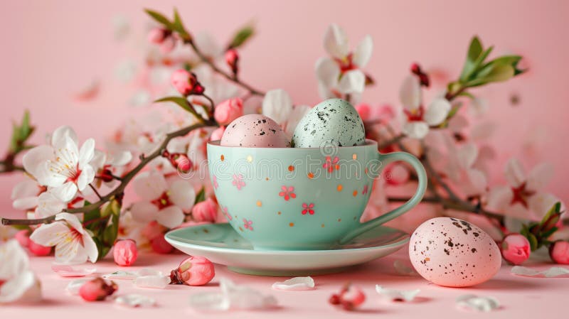 Pastel Easter Eggs in a Teacup with Blooming Cherry Blossoms. Stock ...