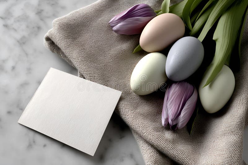 Pastel Easter Eggs and Purple Tulips with Blank Card on Linen Cloth and ...
