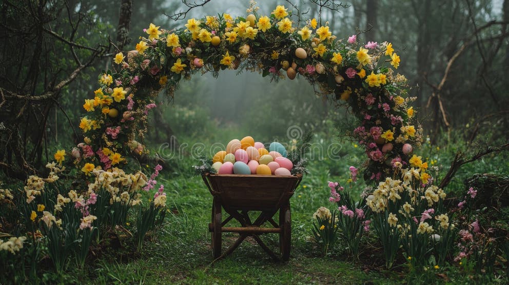 Pastel Easter Eggs Under Floral Archway in Woods Stock Illustration ...