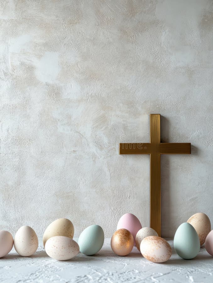 Pastel Easter Eggs and Wooden Cross Against Textured Wall. Stock Photo ...