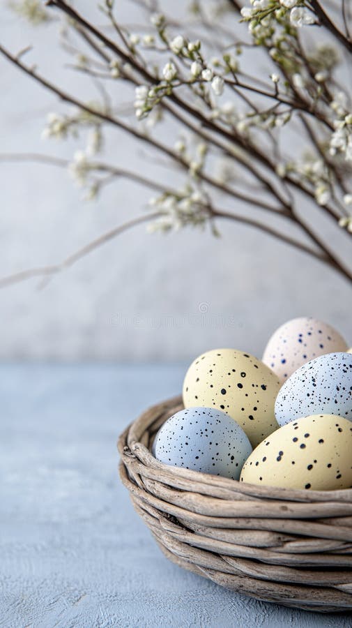 Pastel Easter Eggs in Woven Basket with Blossoming Branches, Creating ...